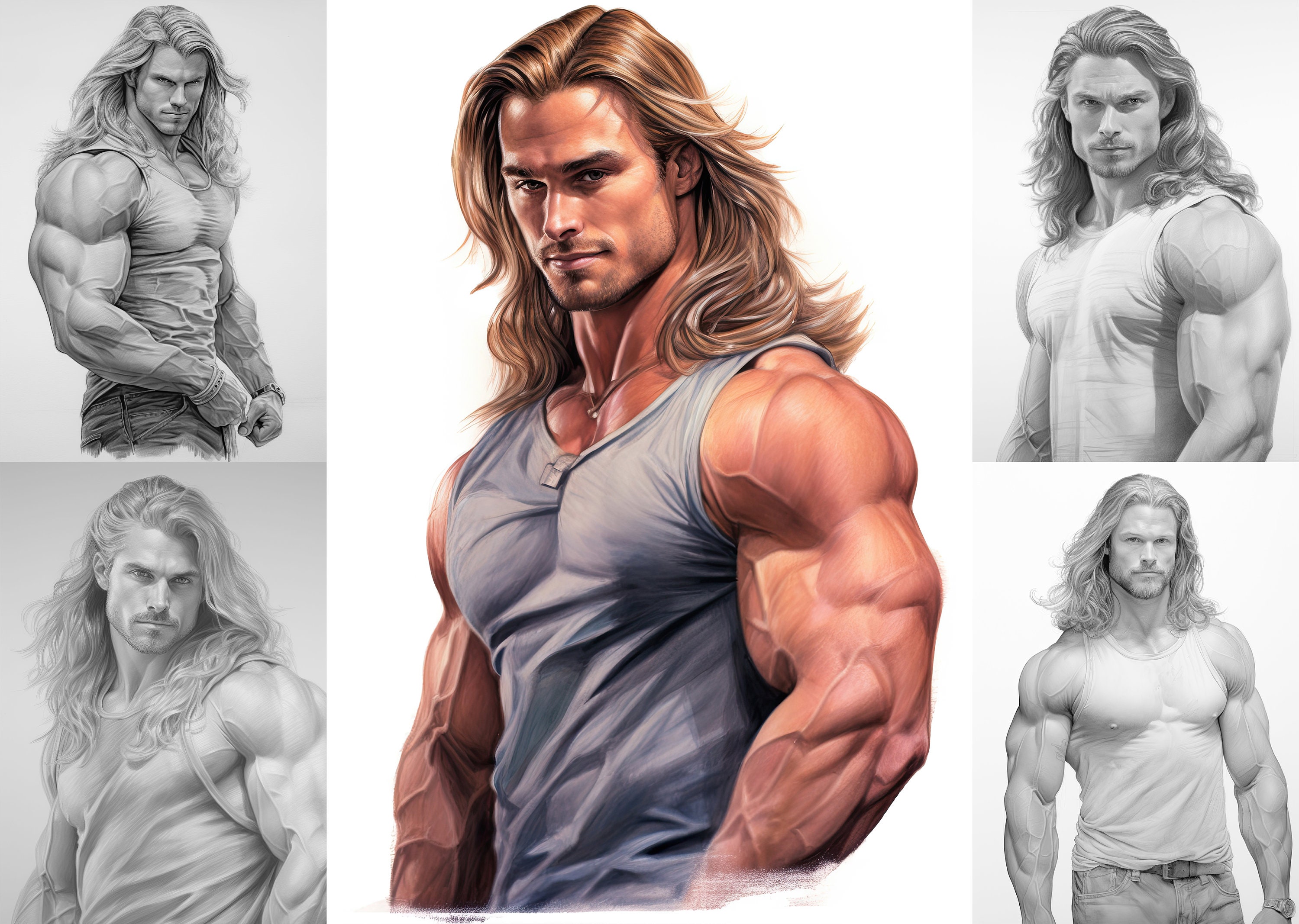 Muscular Long Haired Man Coloring Pages, 20 Premium Coloring Sheets ...