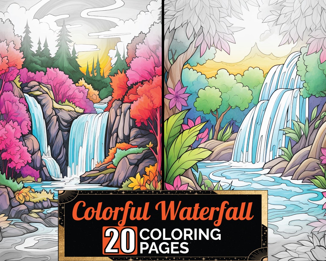Colorful Forest Tree Waterfall Coloring Book, 20 Detail Greyscale Adult ...