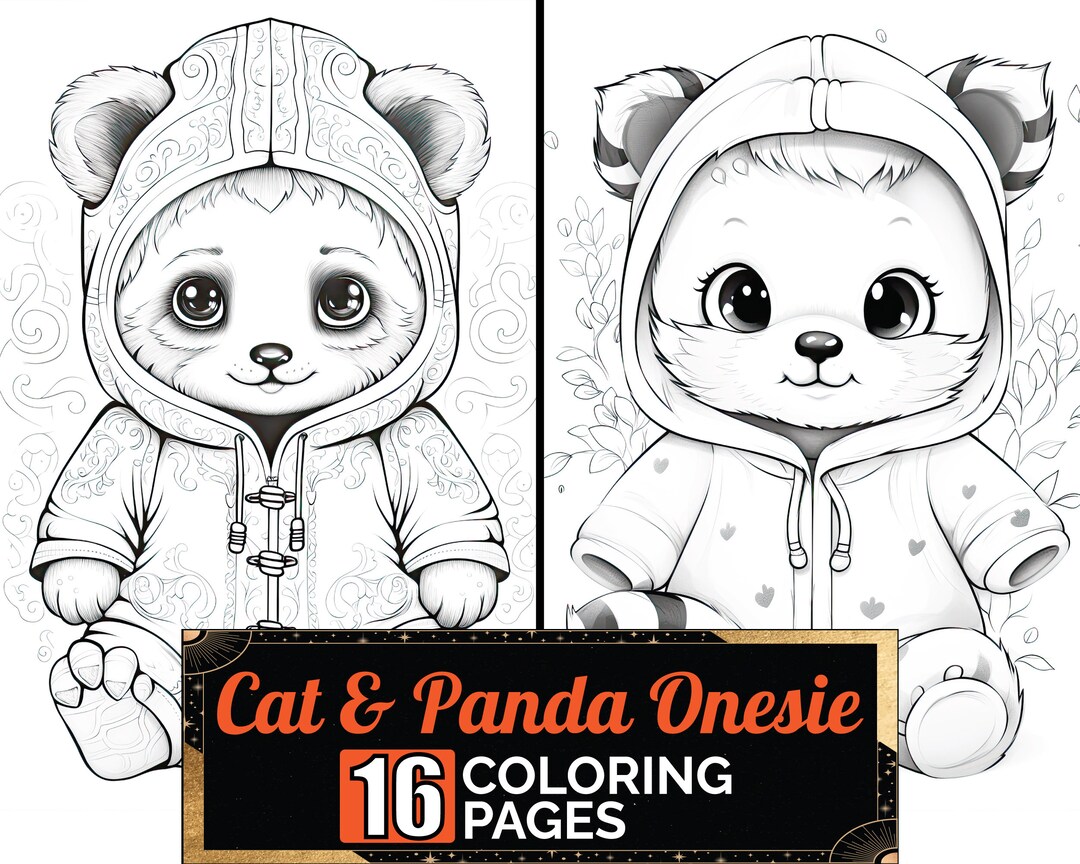 Cute Cat and Panda in Onesies Coloring Book, 16 Detail Greyscale Adult ...