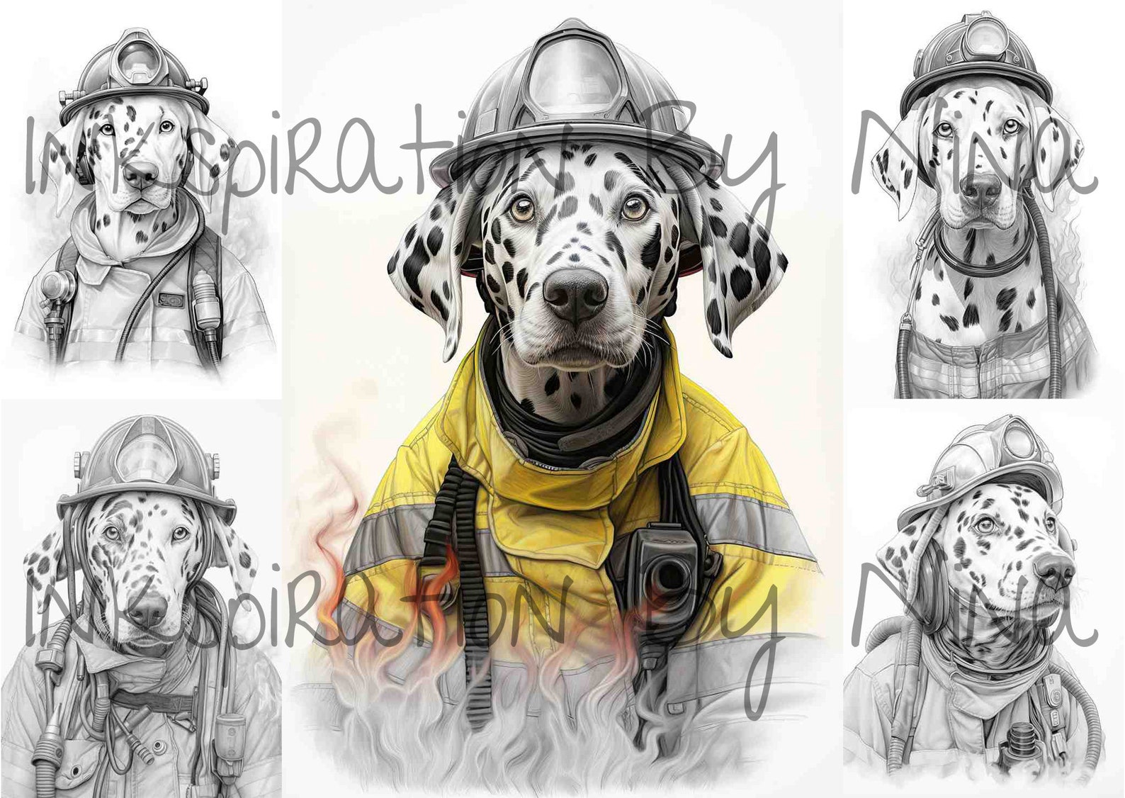 Dalmatian Firefighter Dog Coloring Book, 25 Detail Greyscale Adult ...