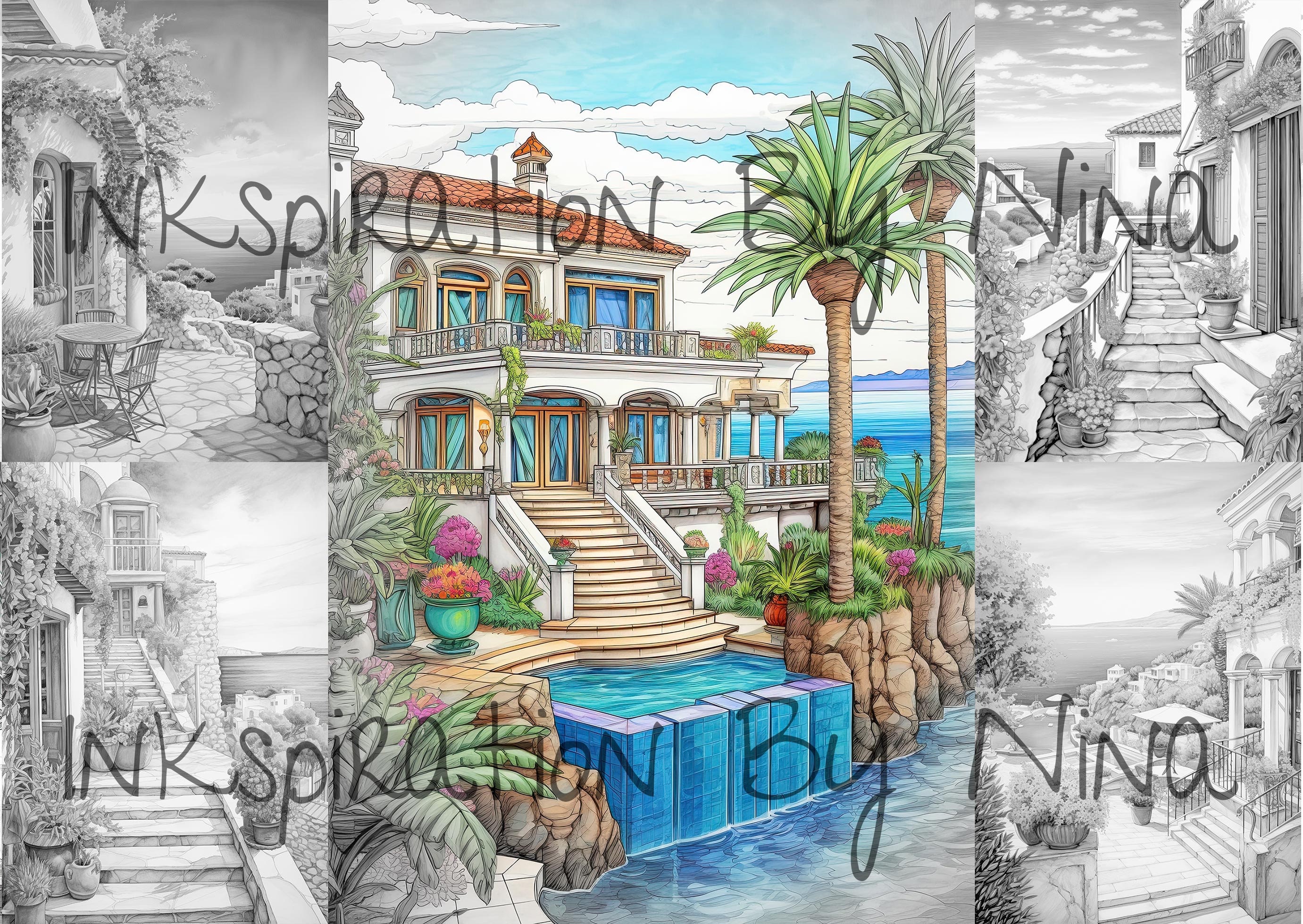 Mediterranean Greek Villas Coloring Pages, 20 Premium Coloring Sheets ...
