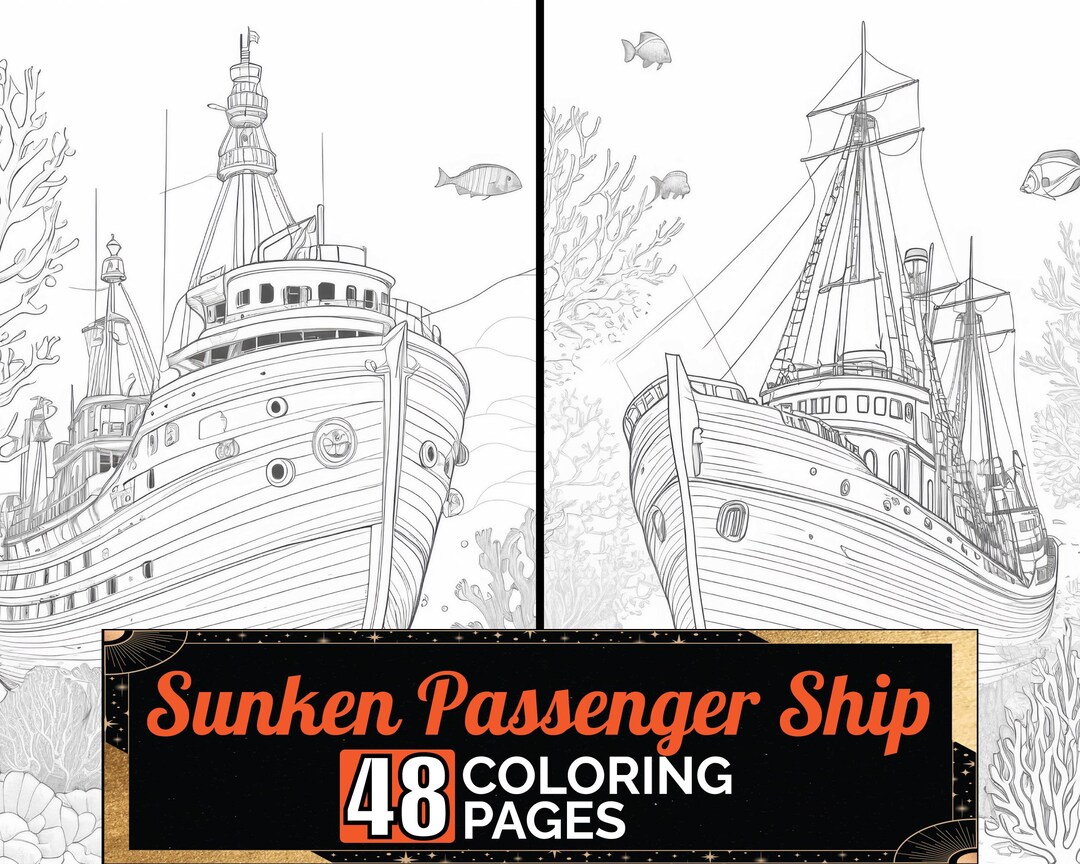 Sunken Boat in Calm Ocean Coloring Book | 48 Detail Greyscale Adult ...