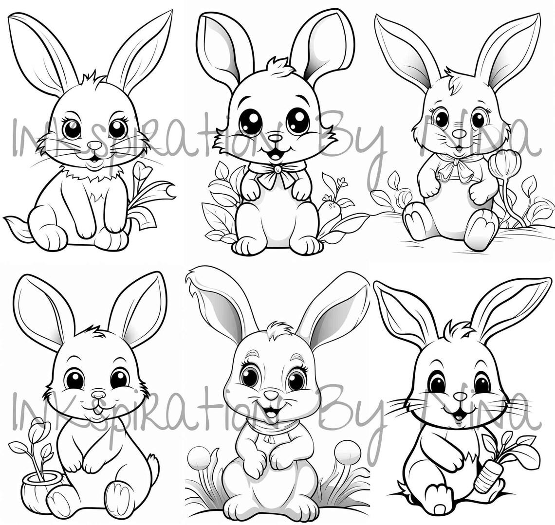 Cute Bunny Coloring Book, 30 Detail Greyscale Adult & Kids Rabbit ...