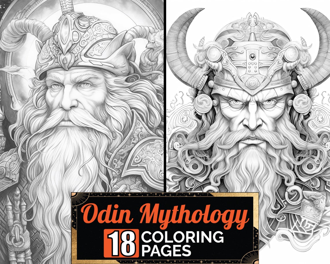 Odin Norse Mythology Coloring Book, 18 Detail Greyscale Adult & Kids ...