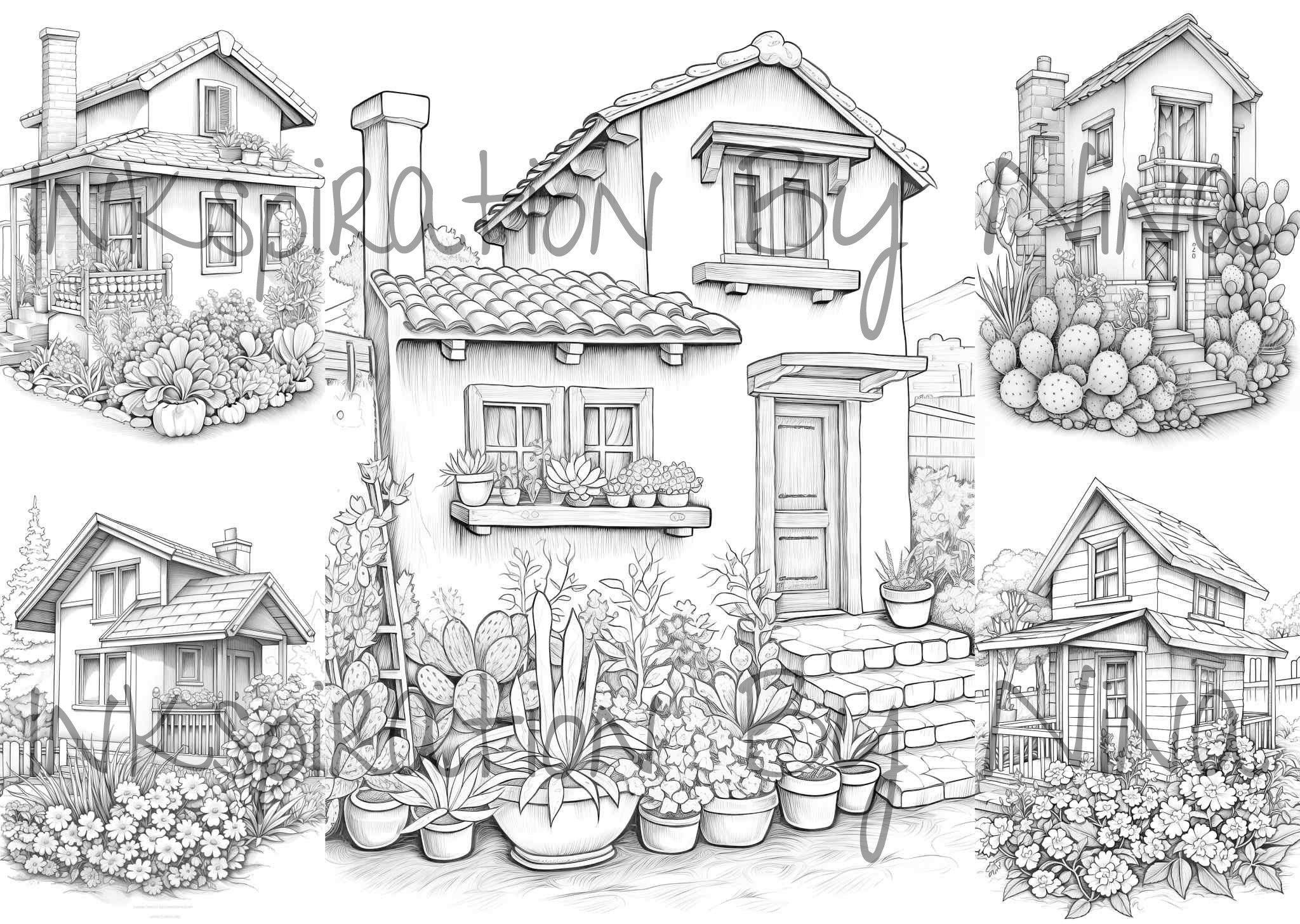 Small Chilean Flower House Coloring Book, 15 Detail Greyscale Adult ...