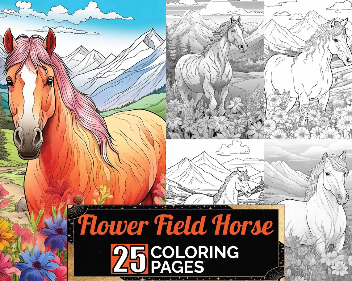 Horse on A Flower Meadow Field Coloring Pages, 25 Premium Adult Kids ...