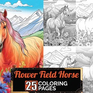 Horse on A Flower Meadow Field Coloring Pages, 25 Premium Adult Kids ...