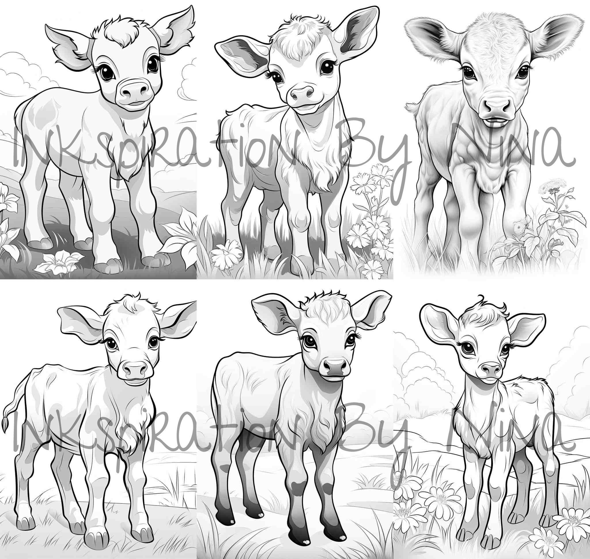 Cute Baby Calf Coloring Book, 30 Detail Greyscale Adult & Kids Cow ...