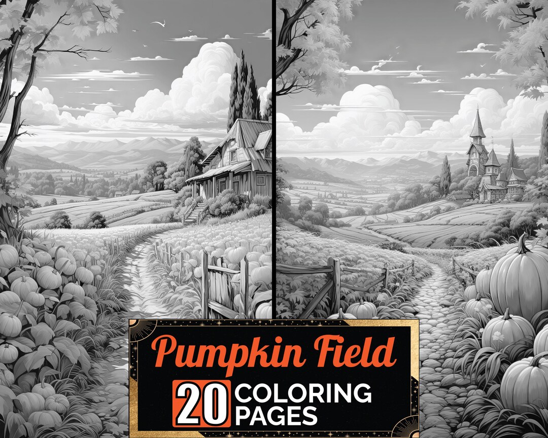 Pumpkin Field Landscape Coloring Book, 20 Detail Greyscale Adult & Kids ...
