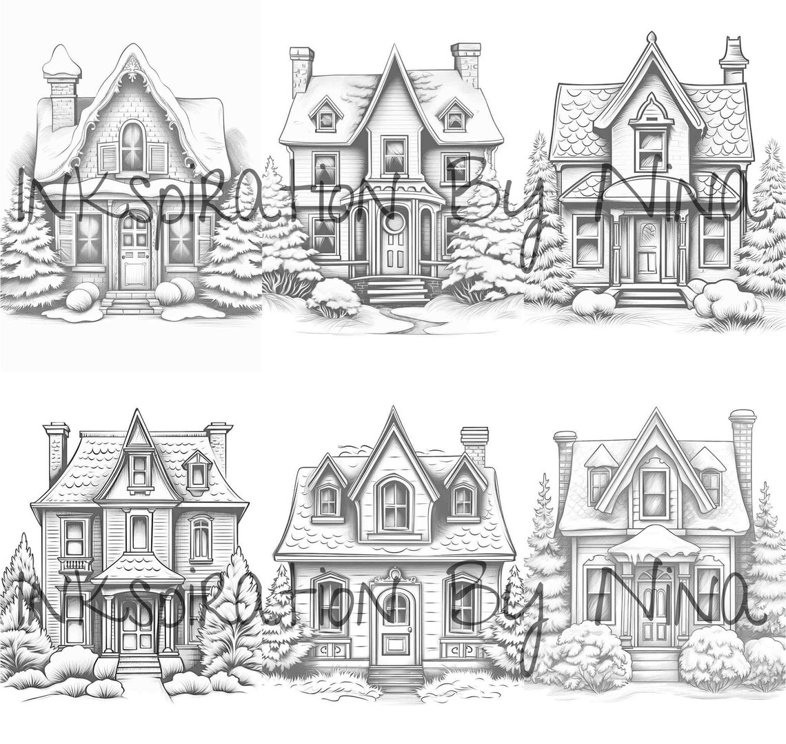 Small Christmas House Coloring Book, 24 Greyscale Adult & Kids Winter ...