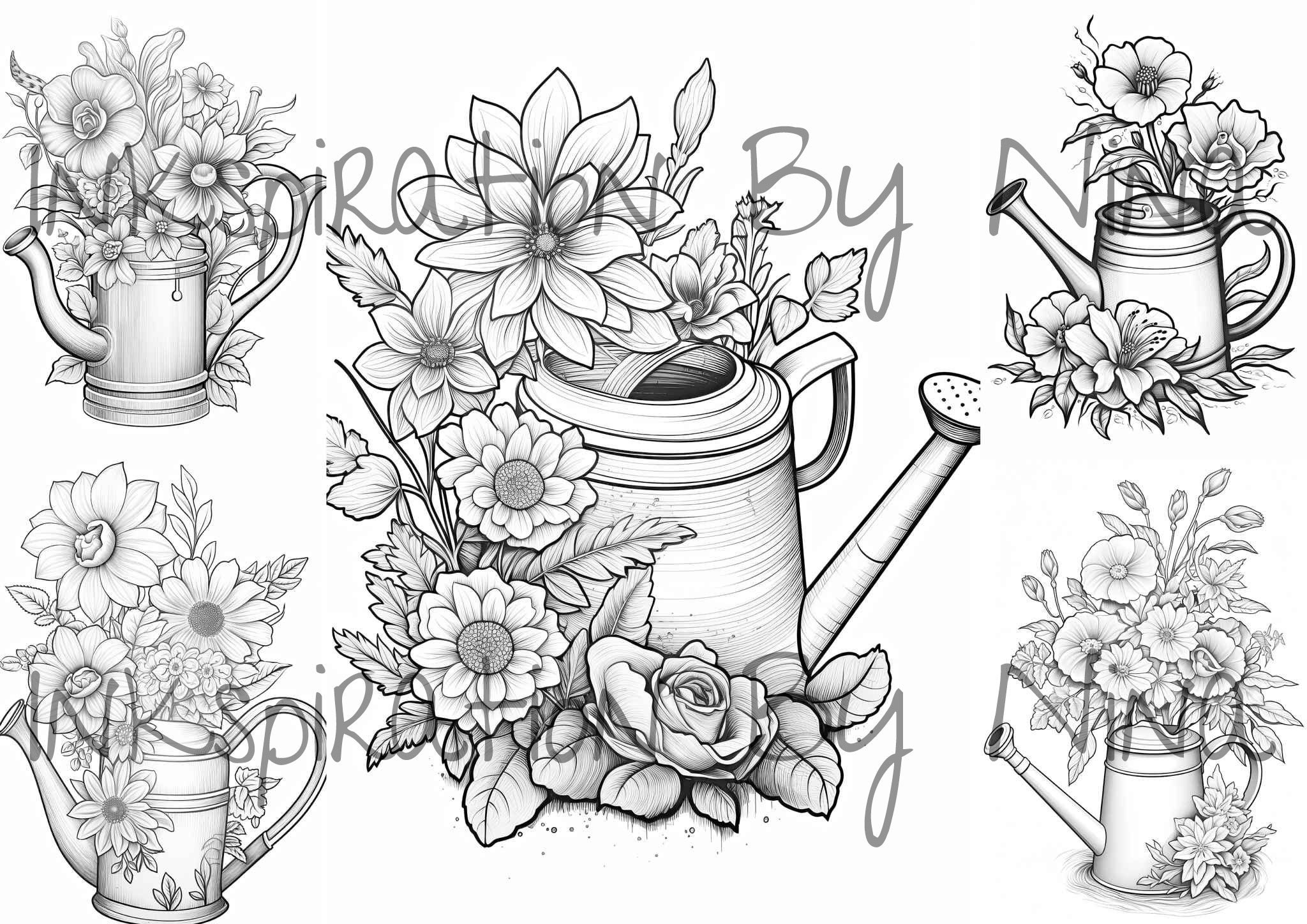 Flower Watering Can Coloring Book, 20 Detail Greyscale Adult & Kids ...