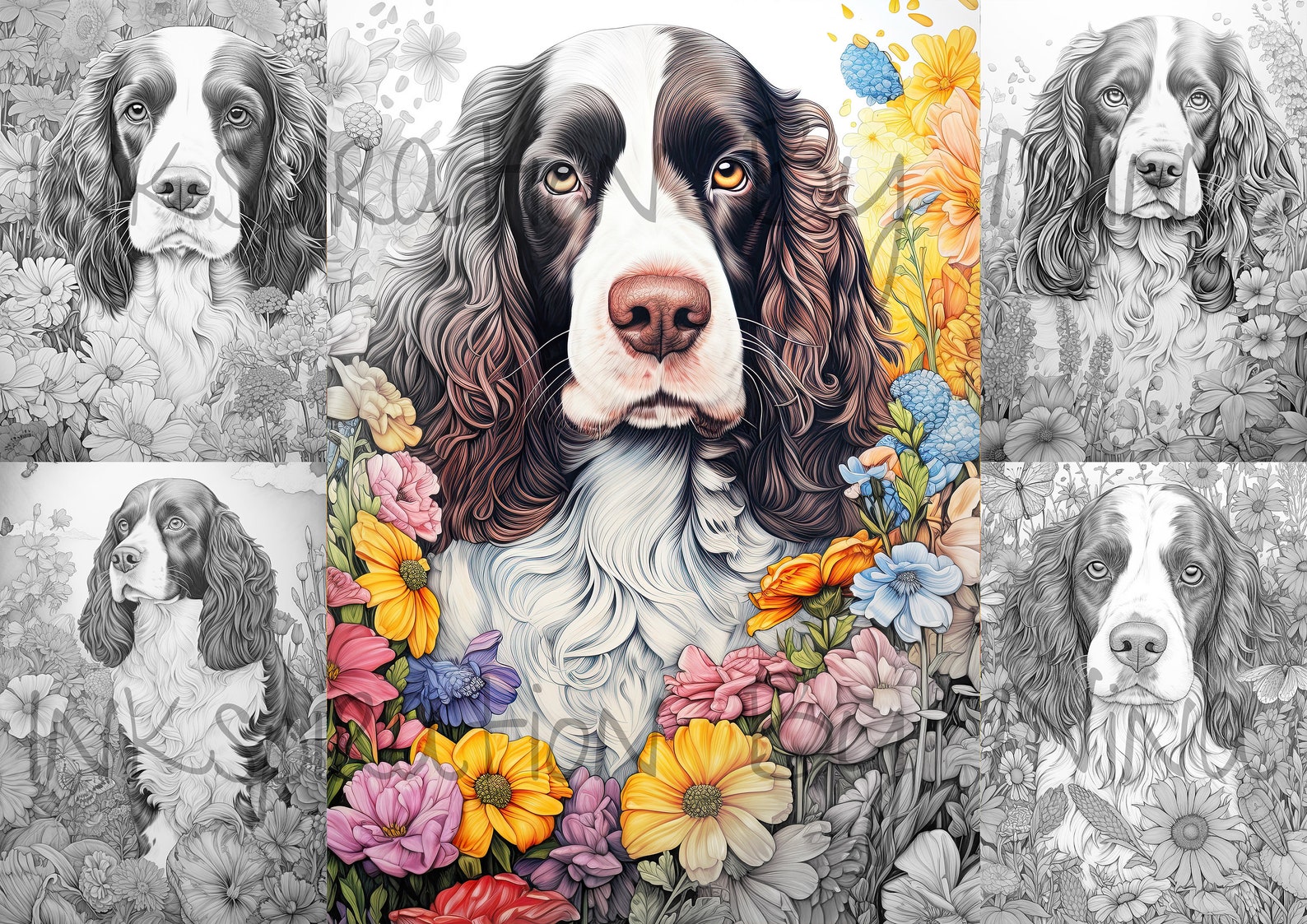 English Springer Spaniel Coloring Pages, 20 Premium Dog in Flowers ...