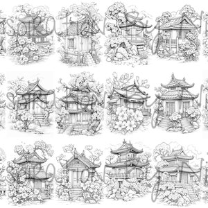 Small Chinese Garden House Coloring Book, 18 Detail Greyscale Adult ...