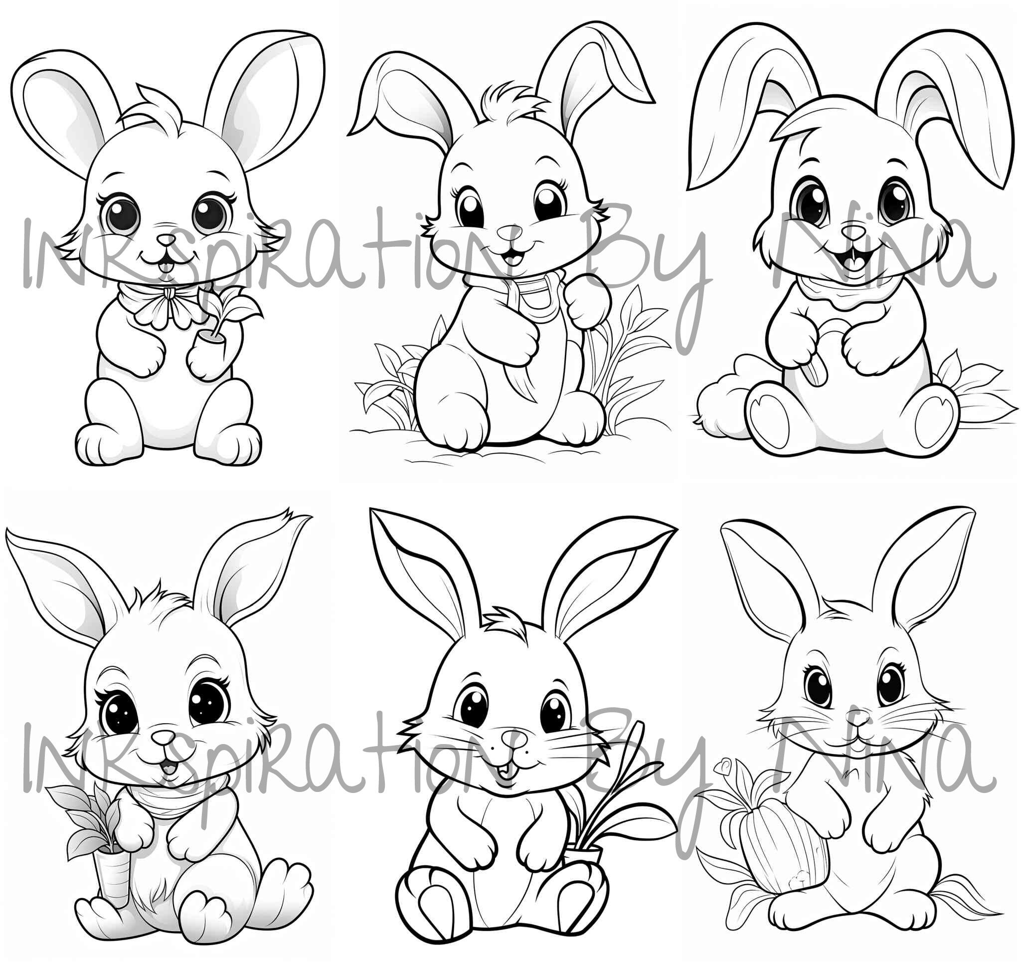 Cute Bunny Coloring Book, 30 Detail Greyscale Adult & Kids Rabbit ...