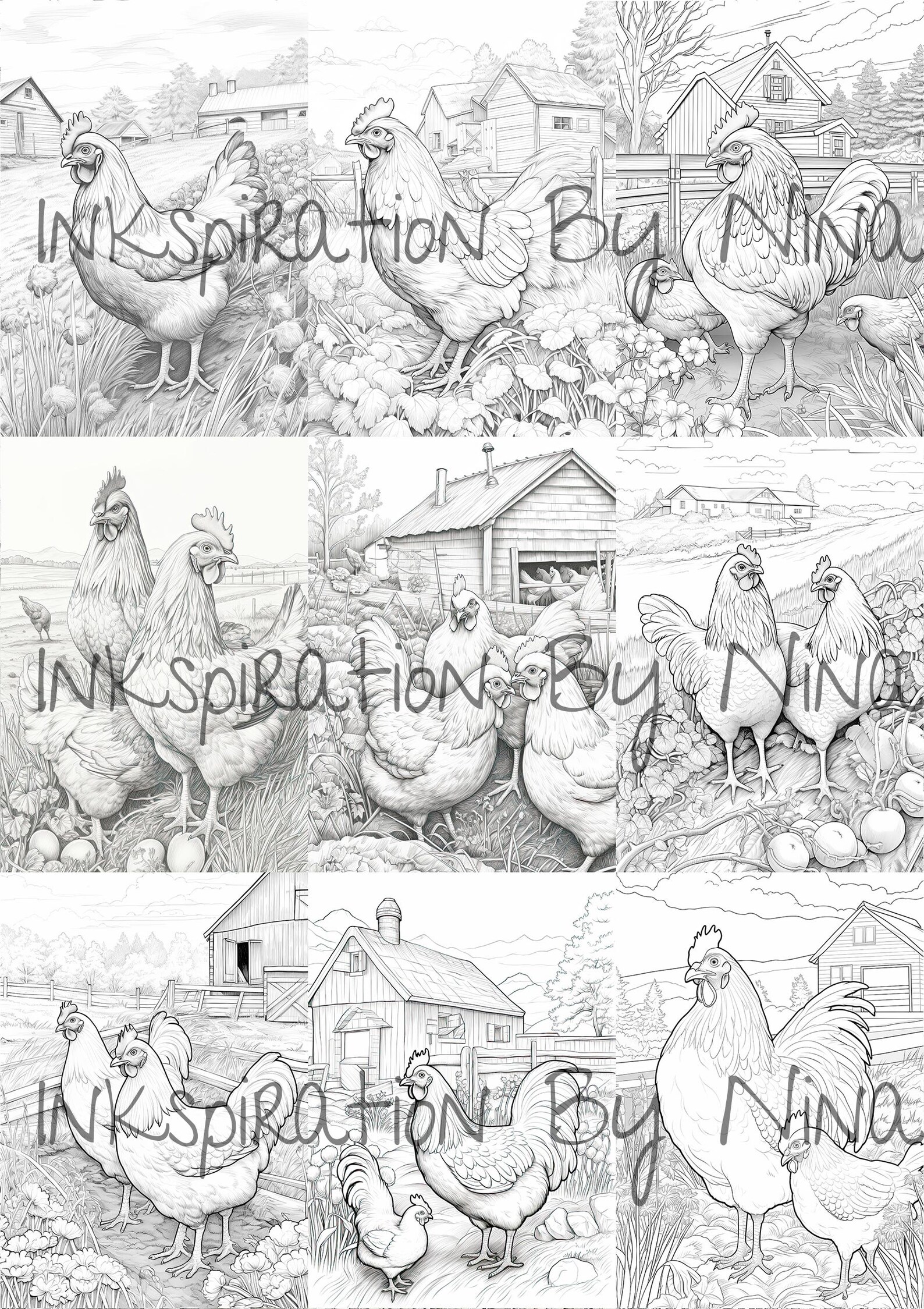 Farmland Chicken Coloring Pages, 20 Premium Coloring Sheets, Adult ...