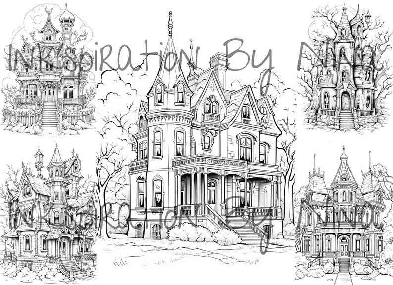 Creepy Haunted Mansion Coloring Book, 21 Greyscale Adult & Kids Detail ...
