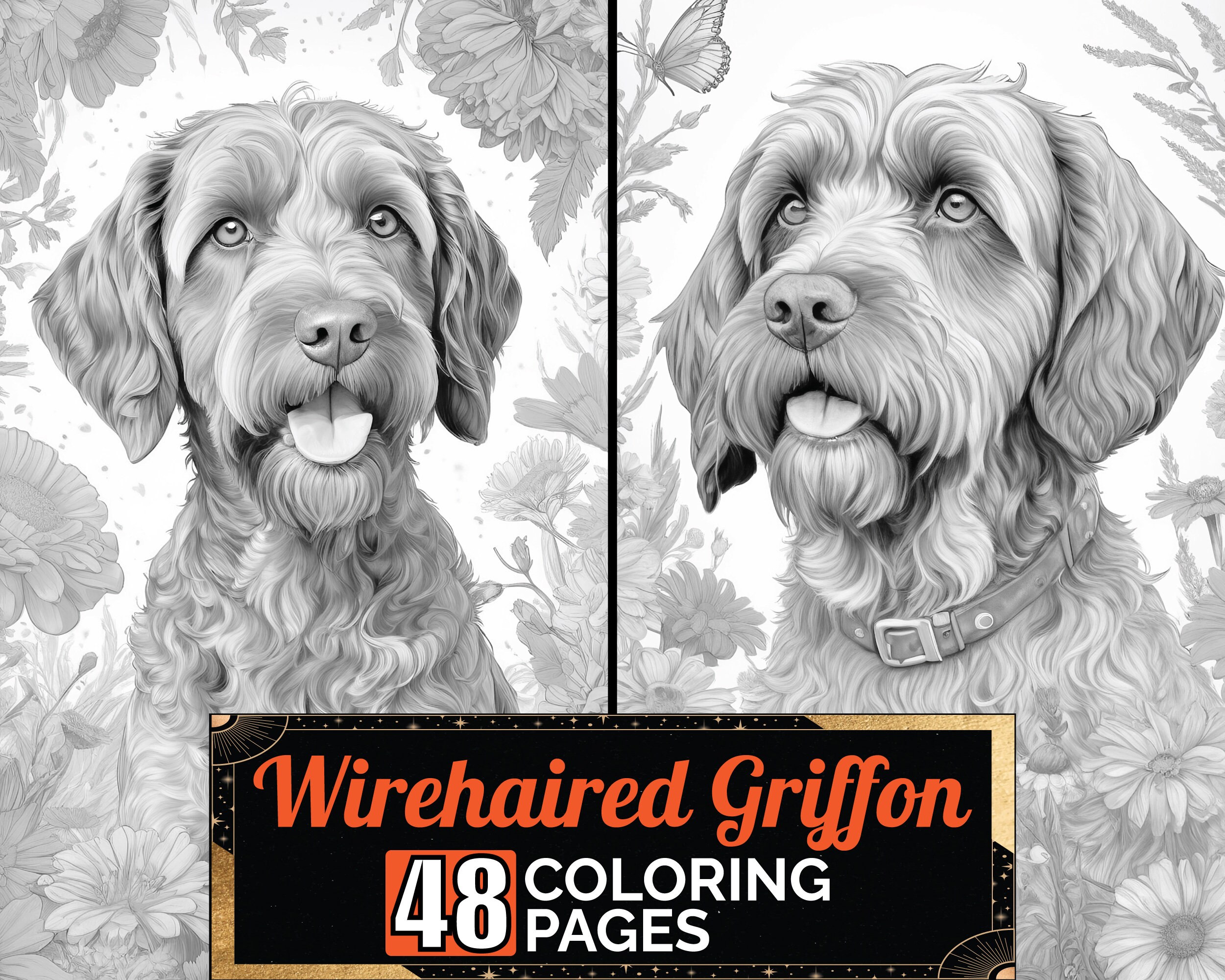 Wirehaired Pointing Griffon Coloring Book, 48 Detail Greyscale Adult ...