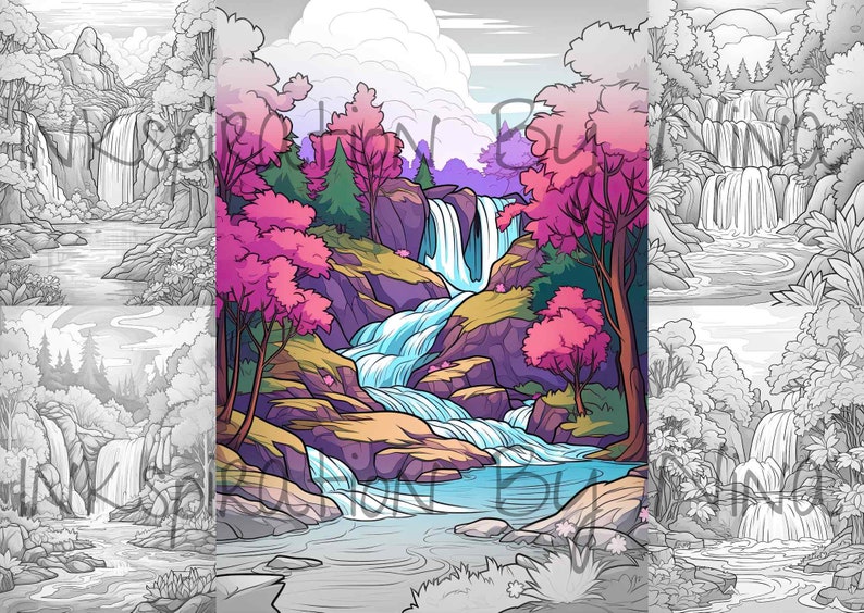 Colorful Forest Tree Waterfall Coloring Book, 20 Detail Greyscale Adult ...