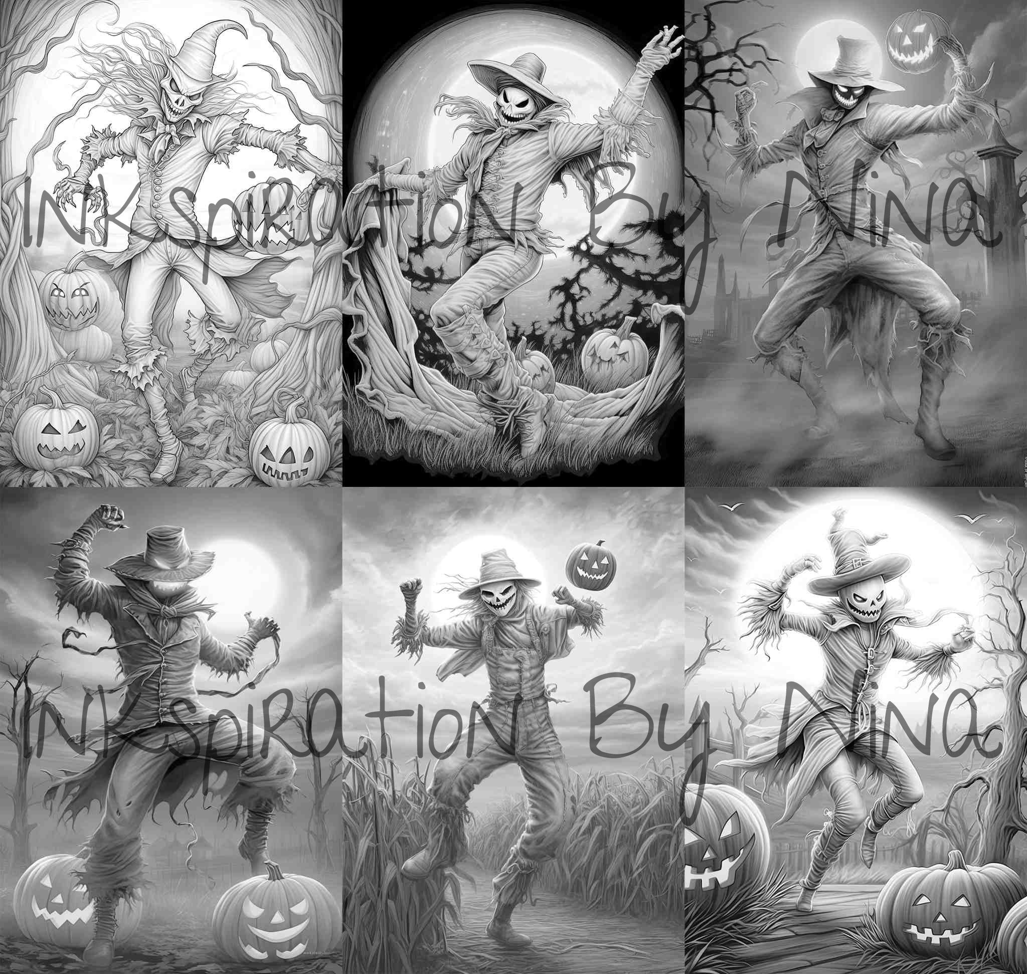 Scary Pumpkin Dancing Scarecrow Coloring Book, 14 Greyscale Adult ...