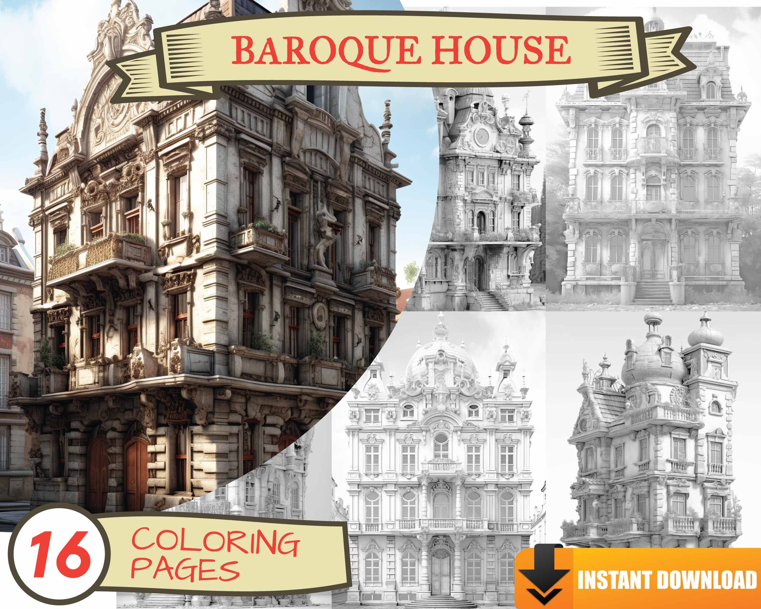 Baroque House Printable Coloring Pages, 16 Premium Coloring Sheets for ...