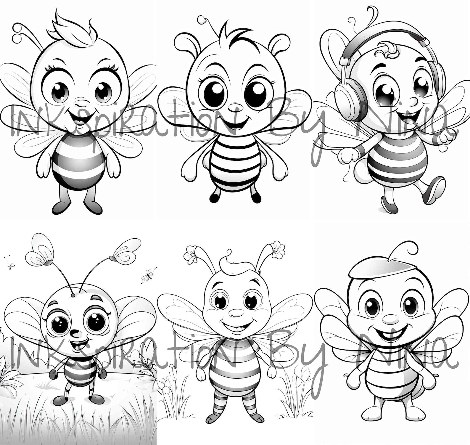 Cute Little Honey Bee Coloring Book, 30 Detail Greyscale Adult & Kids ...