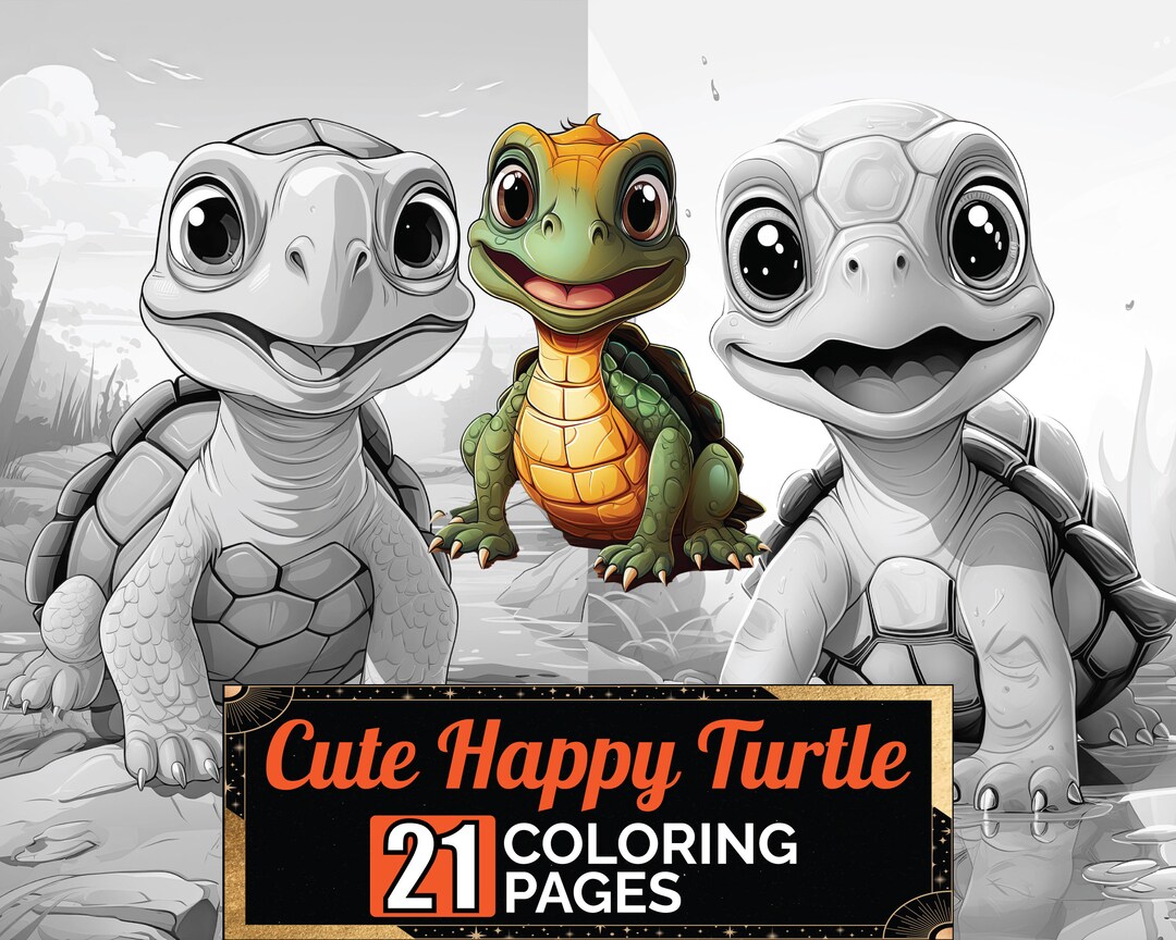 Cute Happy Turtle Coloring Book, 21 Detail Greyscale Adult & Kids ...
