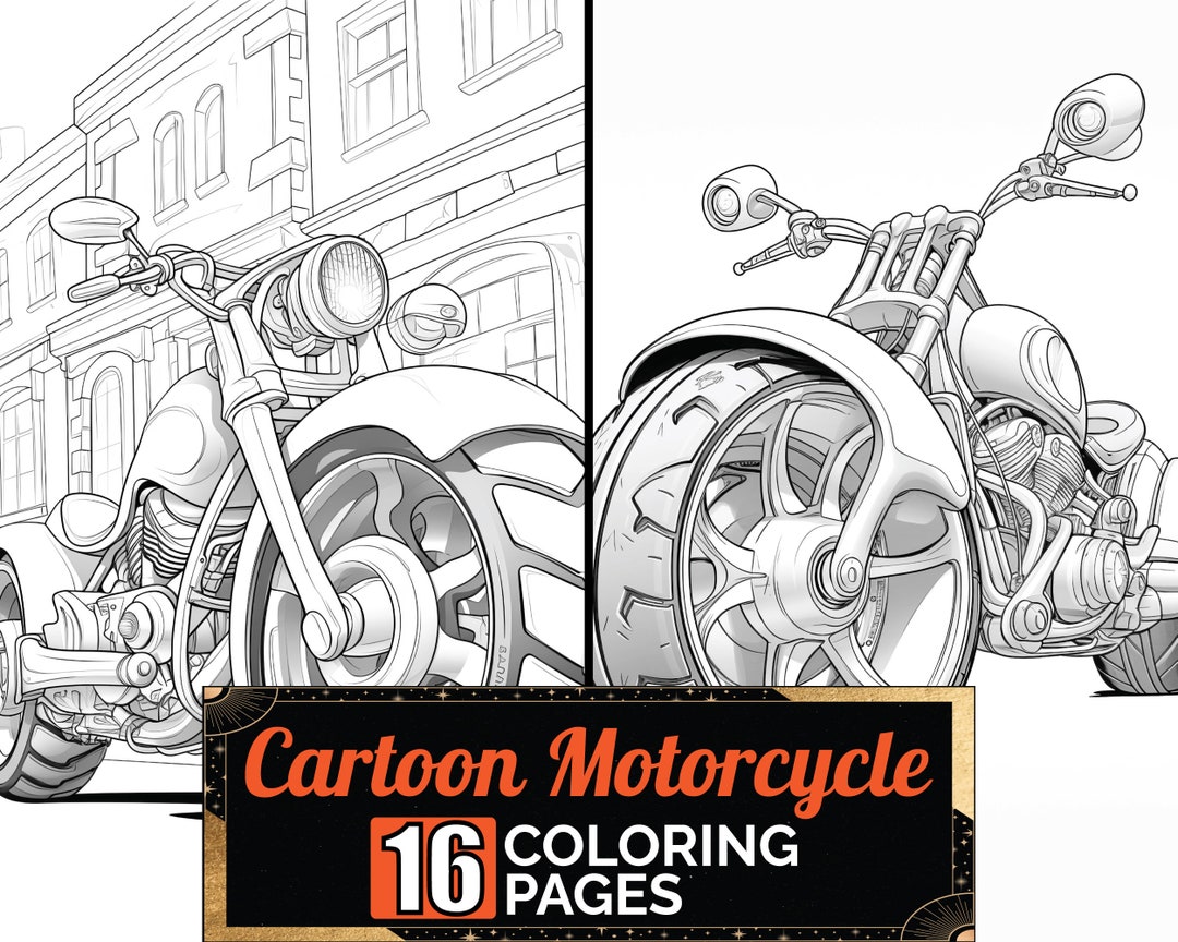Cartoon Motorcycle Coloring Book, 16 Detail Greyscale Adult & Kids ...
