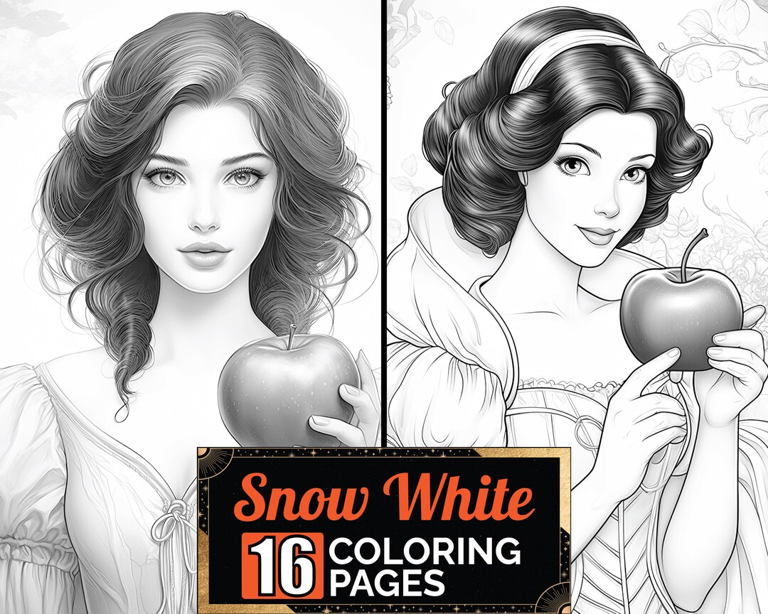 Snow White Holding an Apple Coloring Book, 16 Detail Greyscale Adult ...
