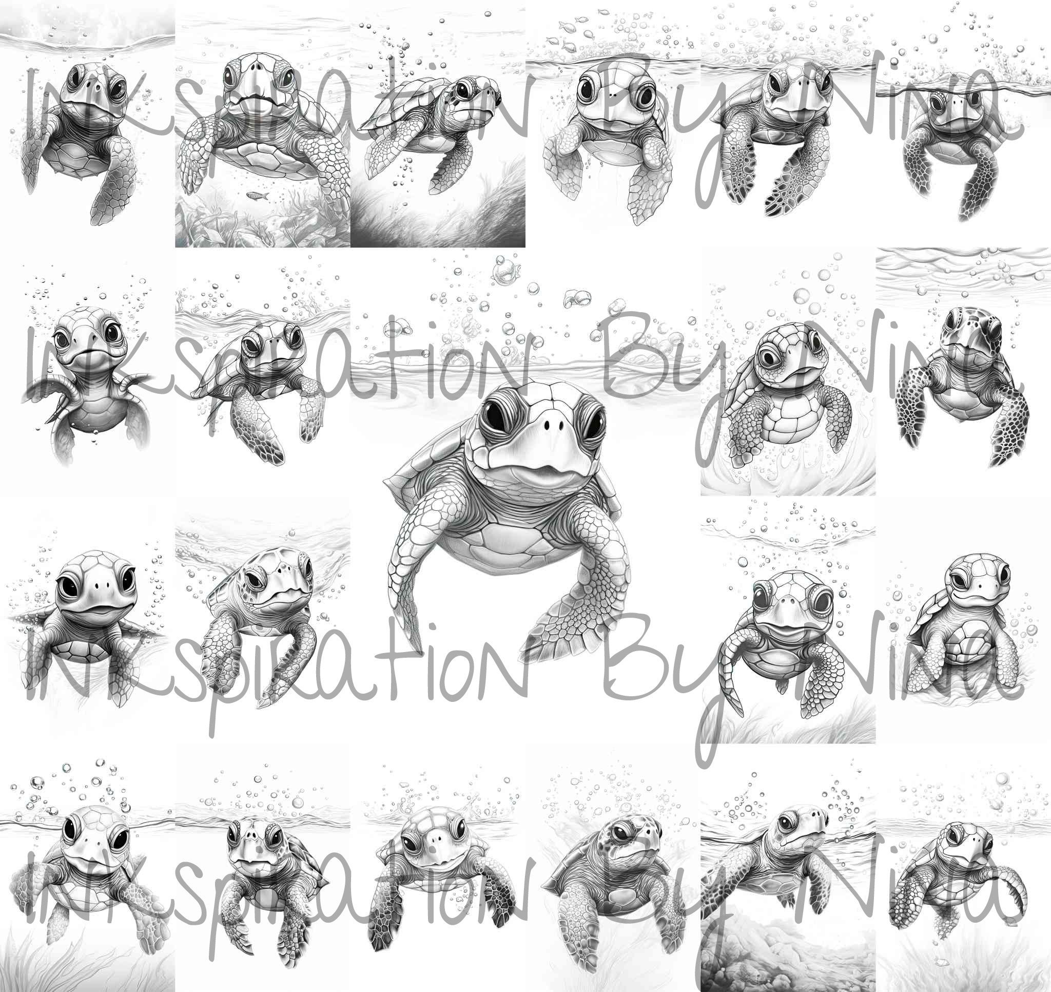 Cute Baby Sea Turtle Coloring Book, 21 Detail Greyscale Adult & Kids ...