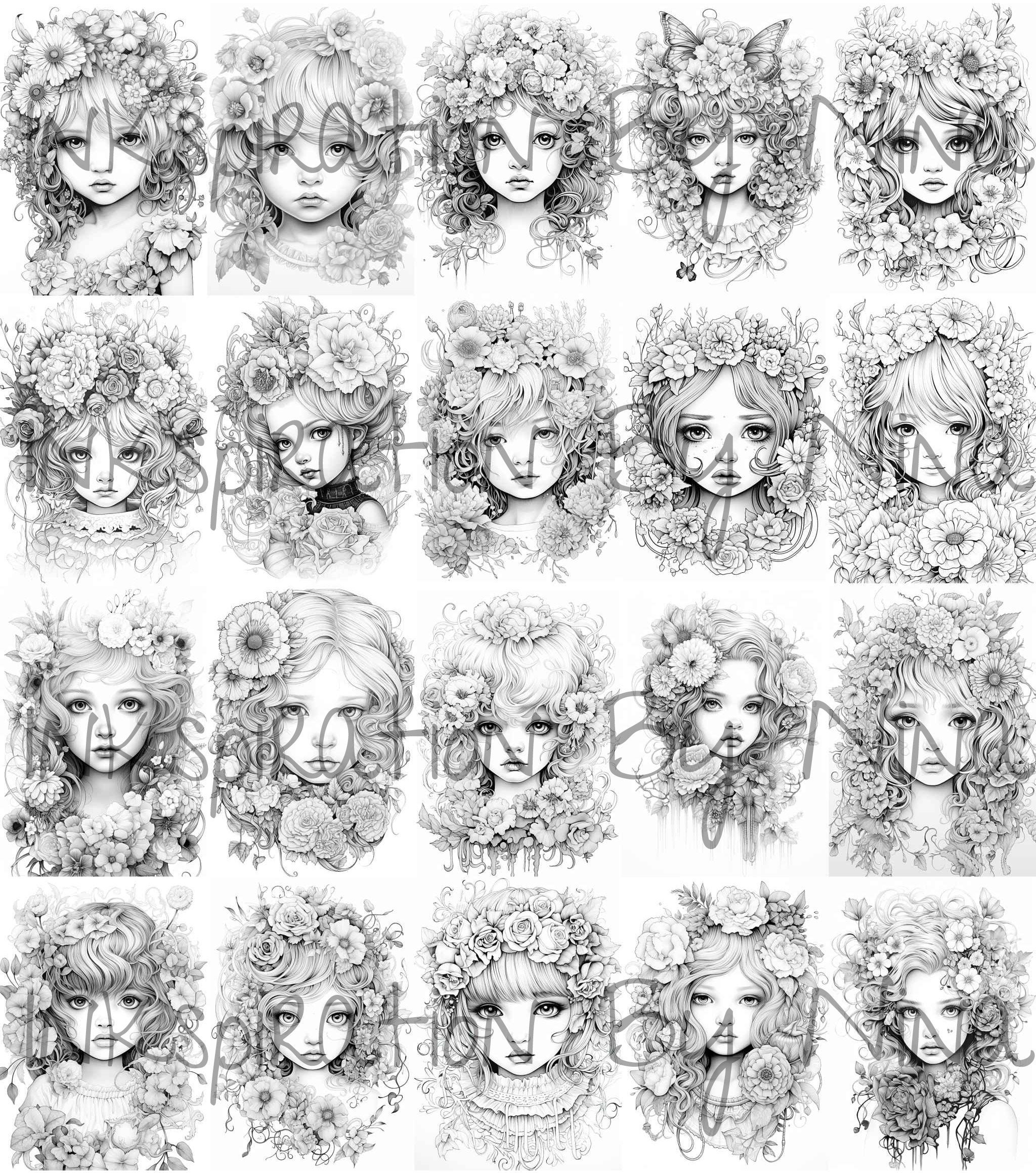 Little Flower Girl Coloring Book, 20 Greyscale Adult & Kid Detail ...