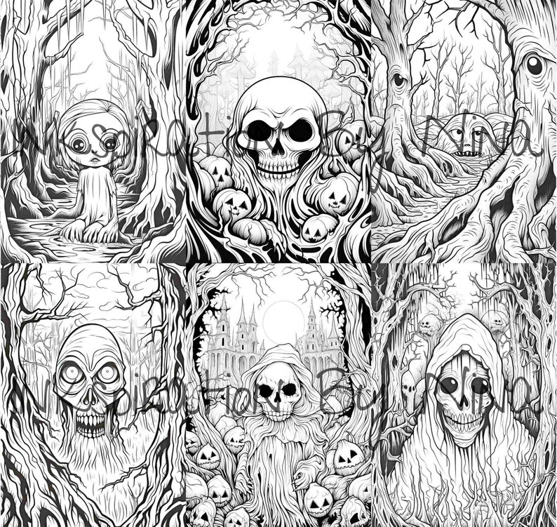 Scary Undead Haunted Forest Coloring Book, 24 Greyscale Adult & Kids ...
