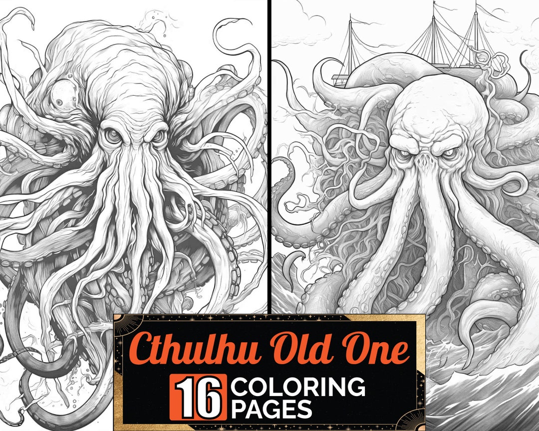 Cthulhu Tentacle Sea Monster Coloring Book, 16 Detail Greyscale Adult ...
