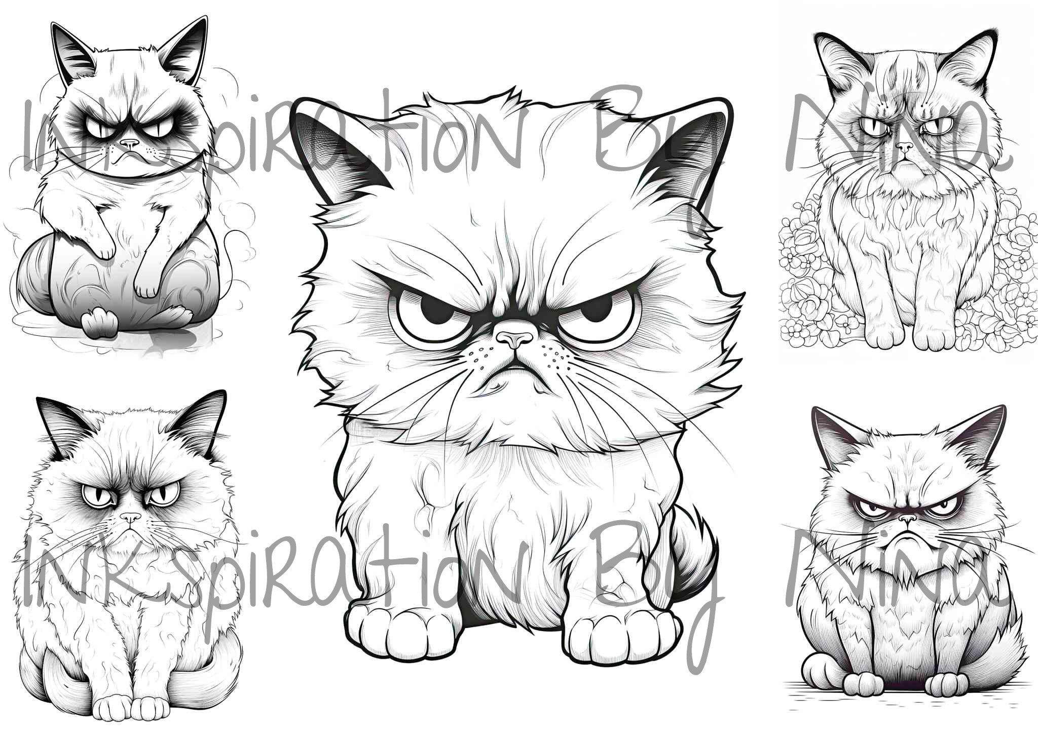 Cute Grumpy Cat Coloring Book, 30 Detail Greyscale Adult & Kids Cat ...