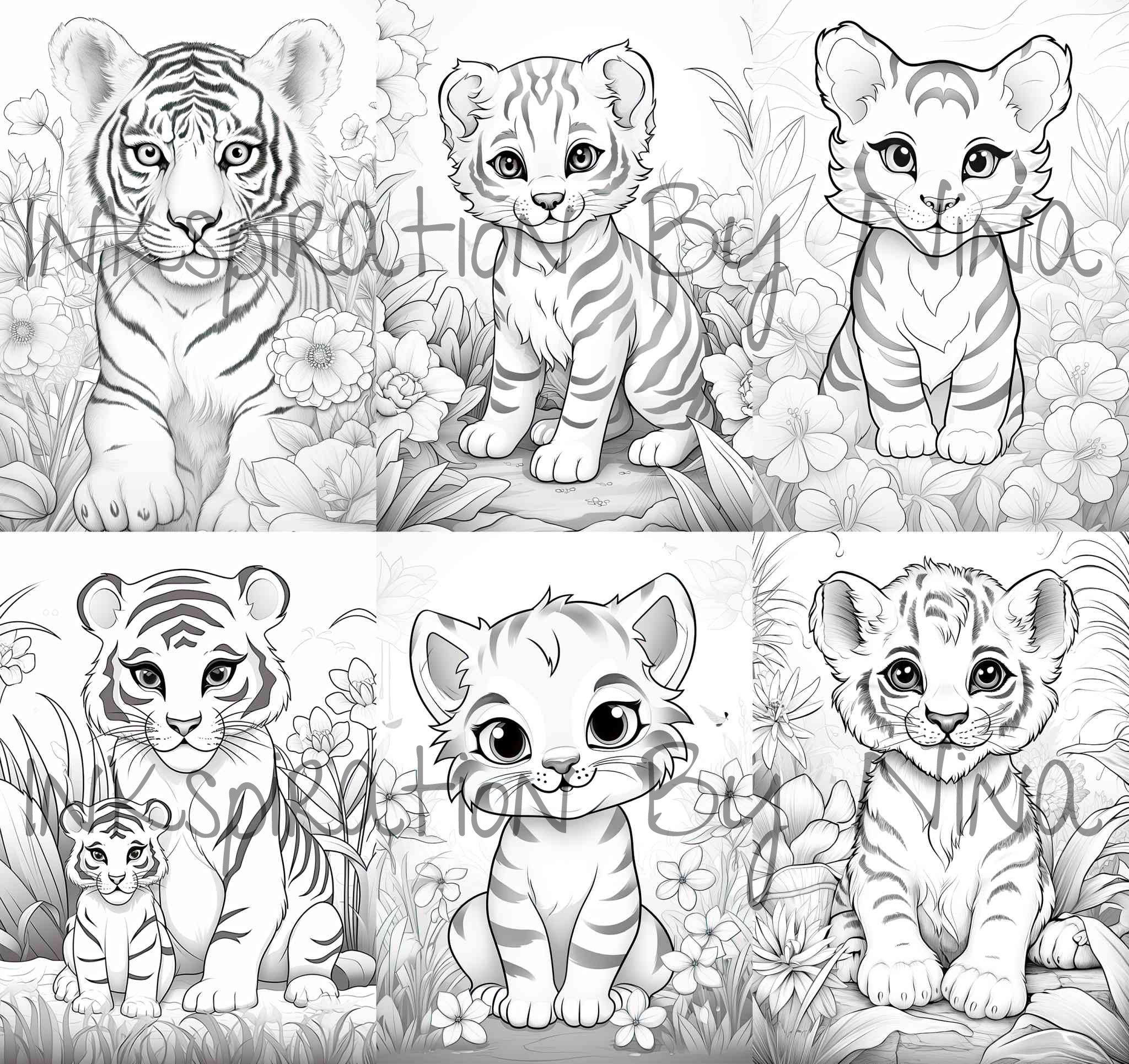 Cute Friendly Tiger Coloring Book, 24 Detail Greyscale Adult & Kids ...