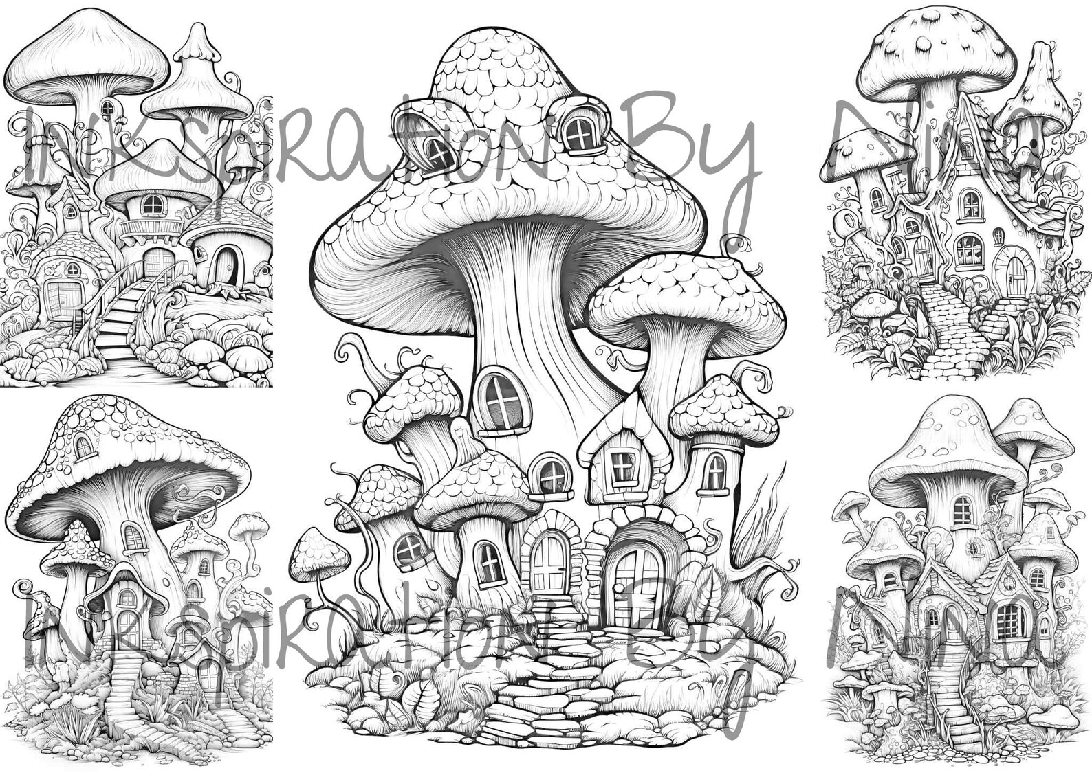 Magical Mushroom Village Coloring Book, 15 Detail Greyscale Adult ...