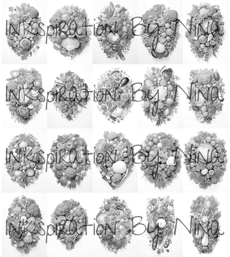 Abundance of Fresh Vegetables Coloring Book, 20 Detailed Greyscale ...