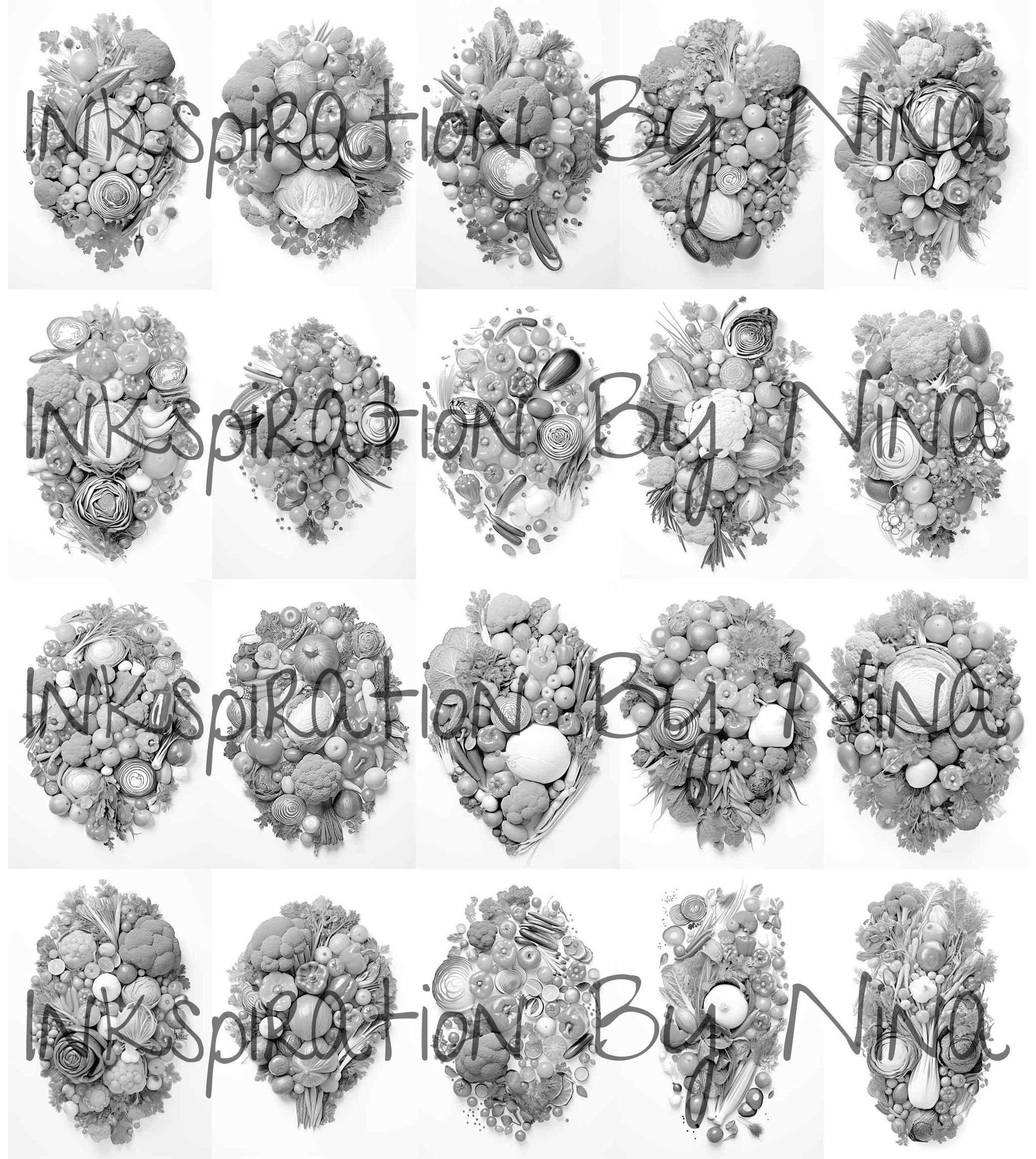 Abundance of Fresh Vegetables Coloring Book, 20 Detailed Greyscale ...