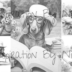 Garden Dachshund Reading Book Coloring Book, 21 Detail Greyscale Adult ...