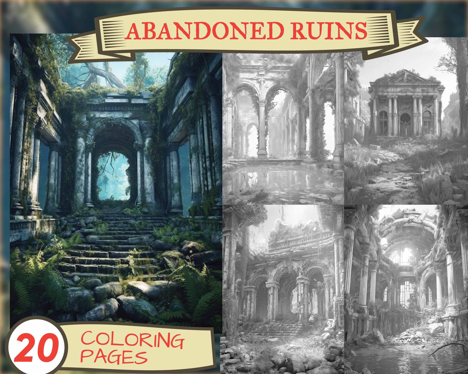 Abandoned Ruins | 20 Coloring Pages A4 Size | Premium Printable Adult ...
