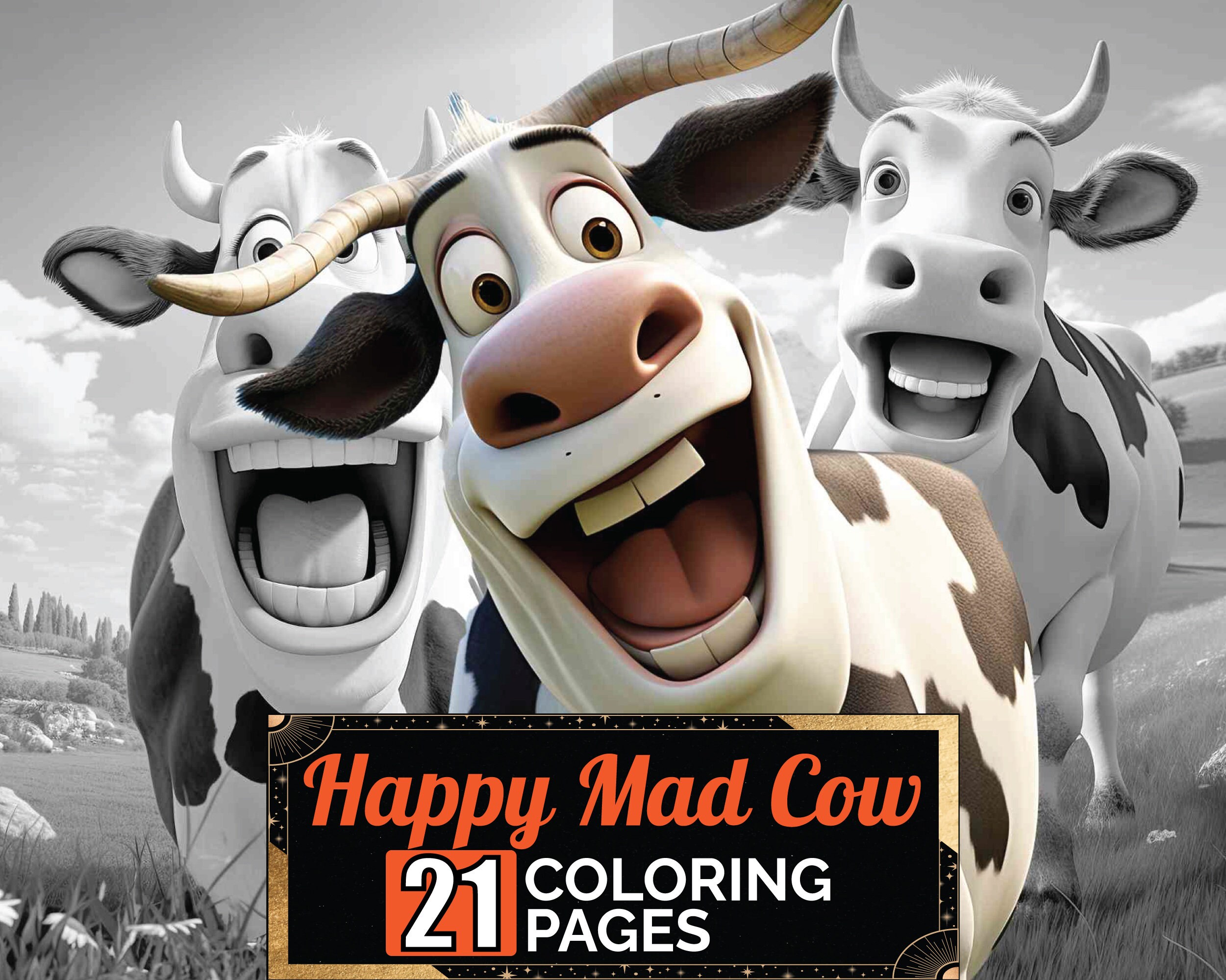Happy Mad Cow Coloring Book, 21 Detail Greyscale Adult & Kids Farm ...