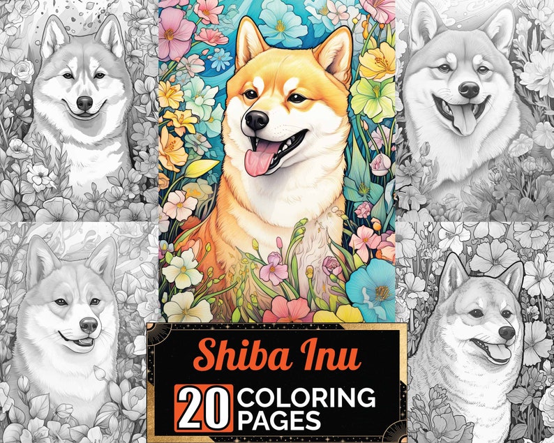 Shiba Inu Flowers Coloring Pages, 20 Premium Coloring Sheets, Coloring ...