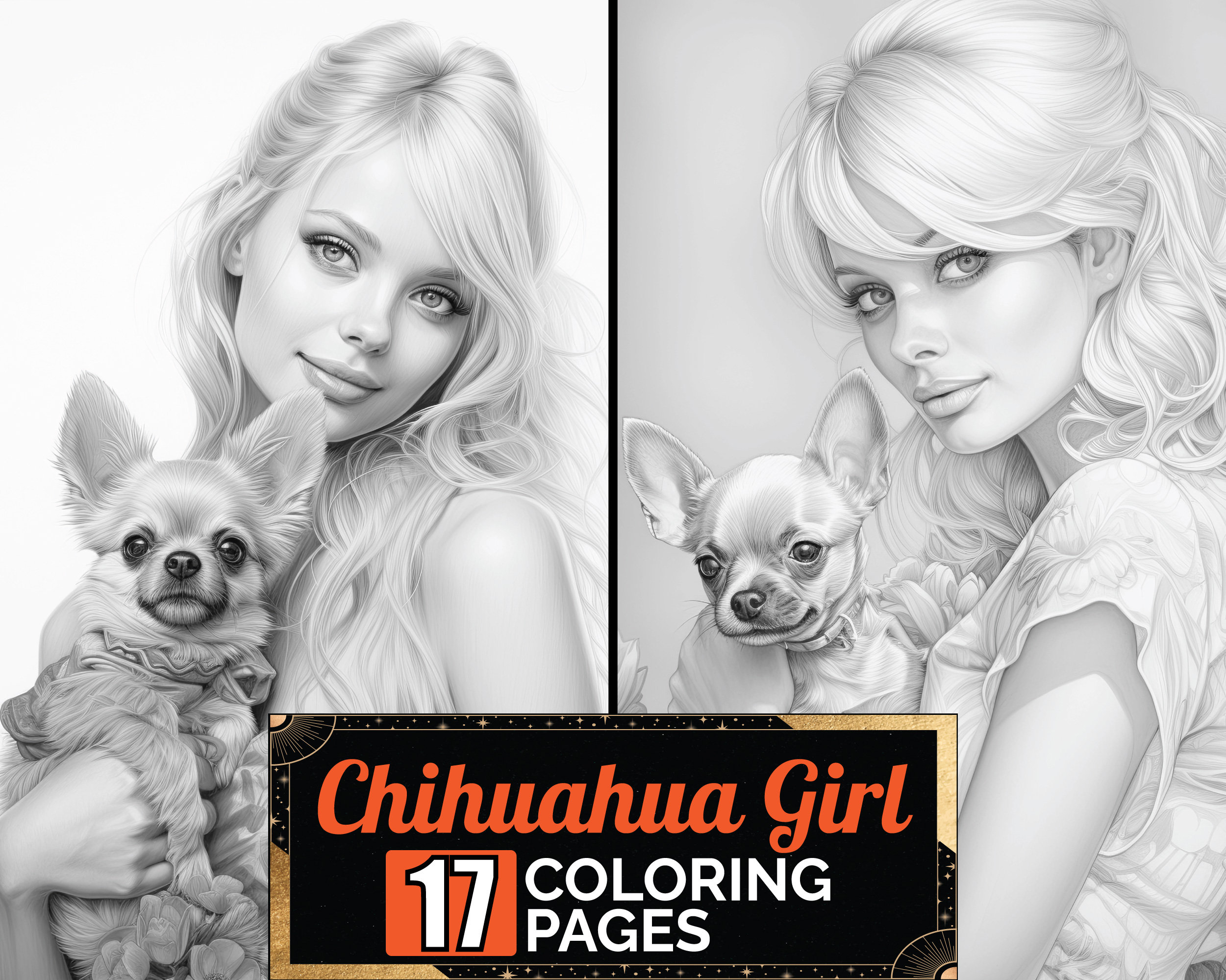Girl With Chihuahua Coloring Book, 17 Detail Greyscale Adult & Kids ...