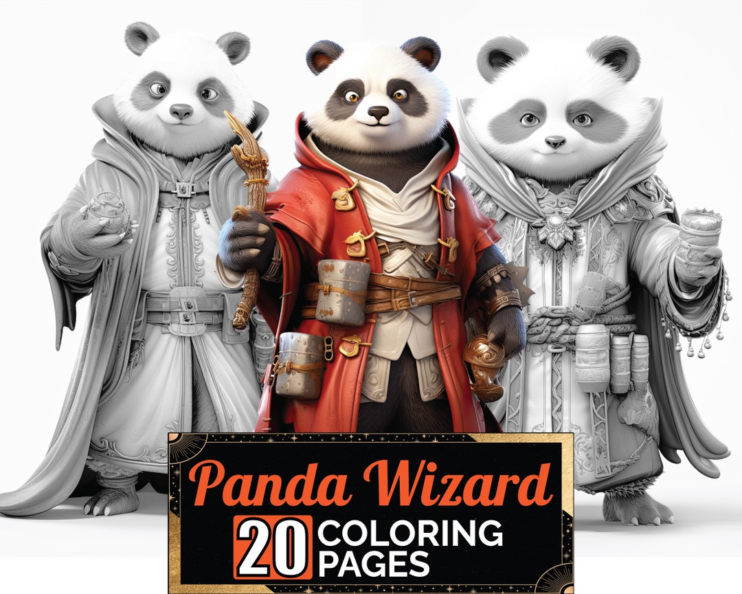 Magic Panda Wizard Coloring Book, 20 Detail Greyscale Adult & Kids Cool ...