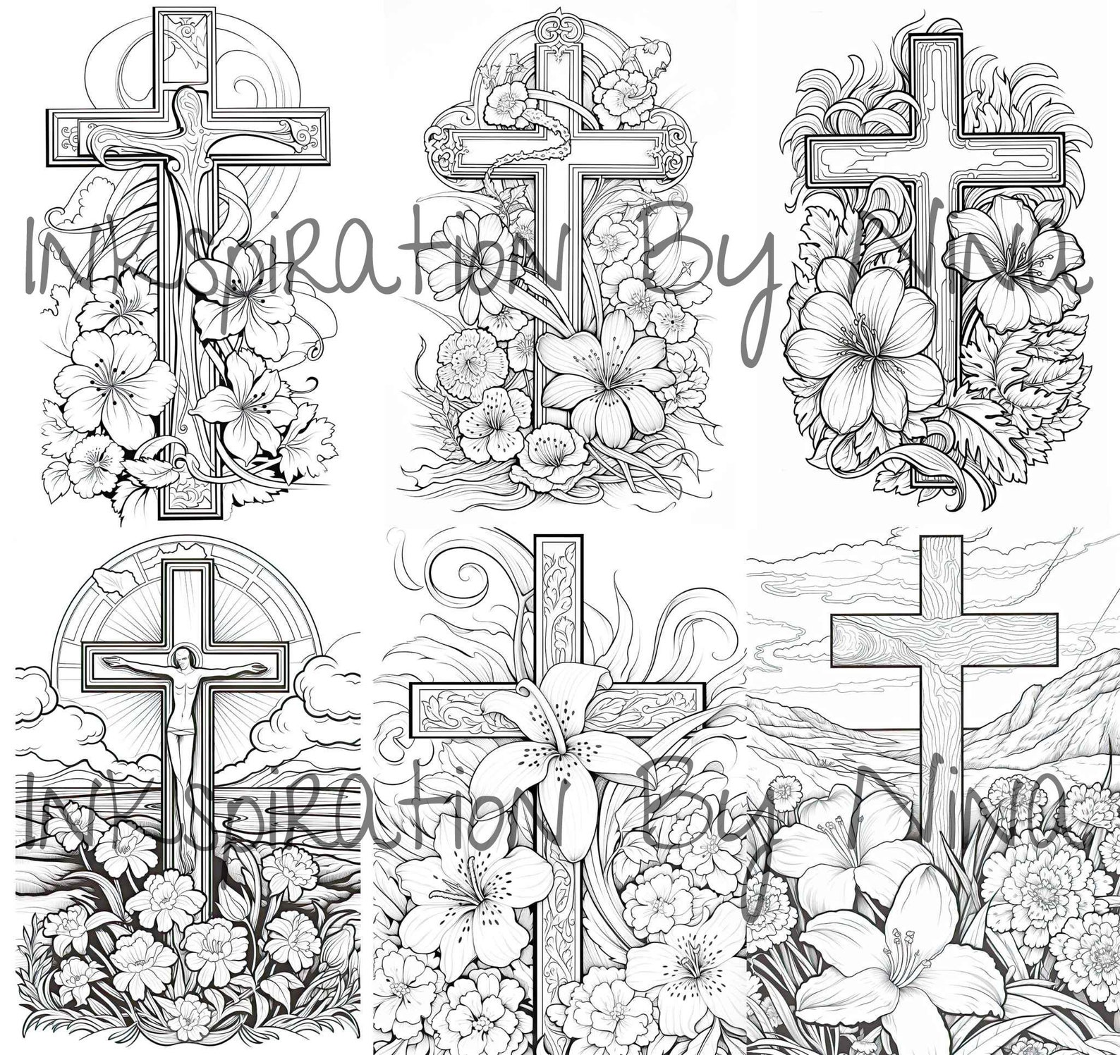 Flower Cross Coloring Book, 25 Detail Greyscale Adult & Kids Floral ...