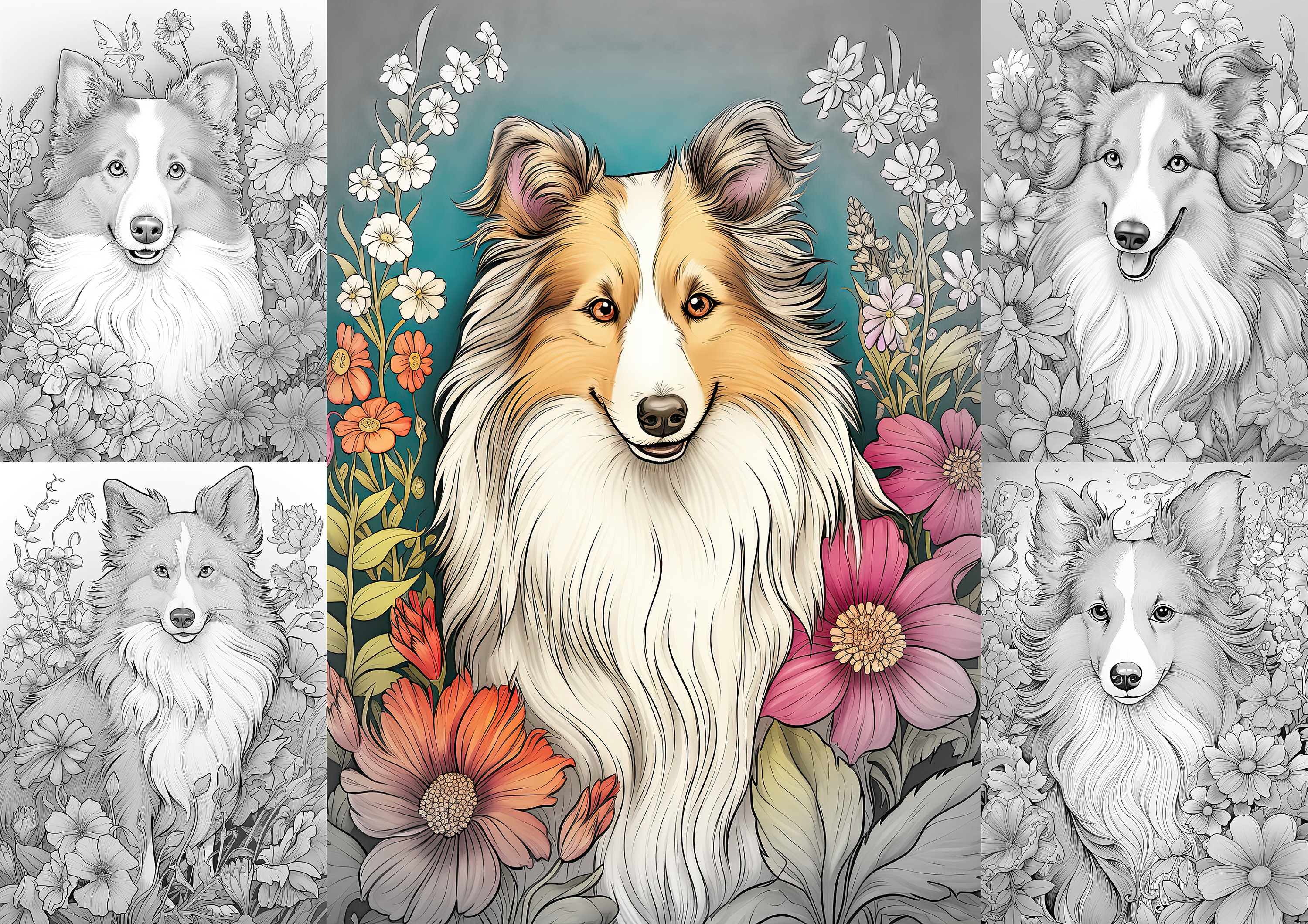 Sheltie Shetland Sheepdog in Flowers Coloring Pages, 20 Premium ...