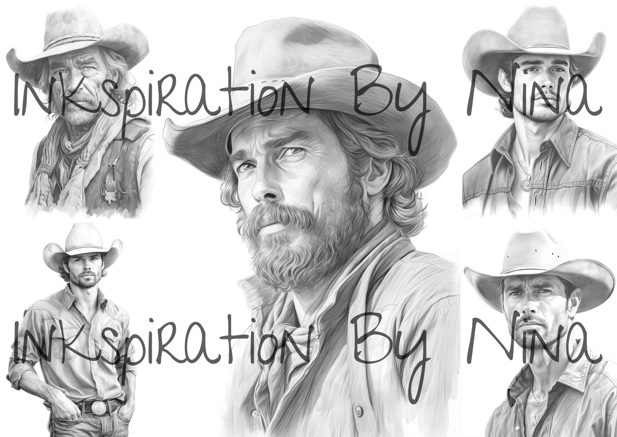 Handsome Rugged Manly Cowboy Coloring Book, 15 Detail Greyscale Adult ...