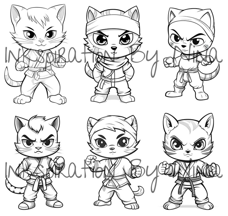 Ninja Kitty Coloring Book, 30 Detail Greyscale Adult & Kids Cute Cat ...