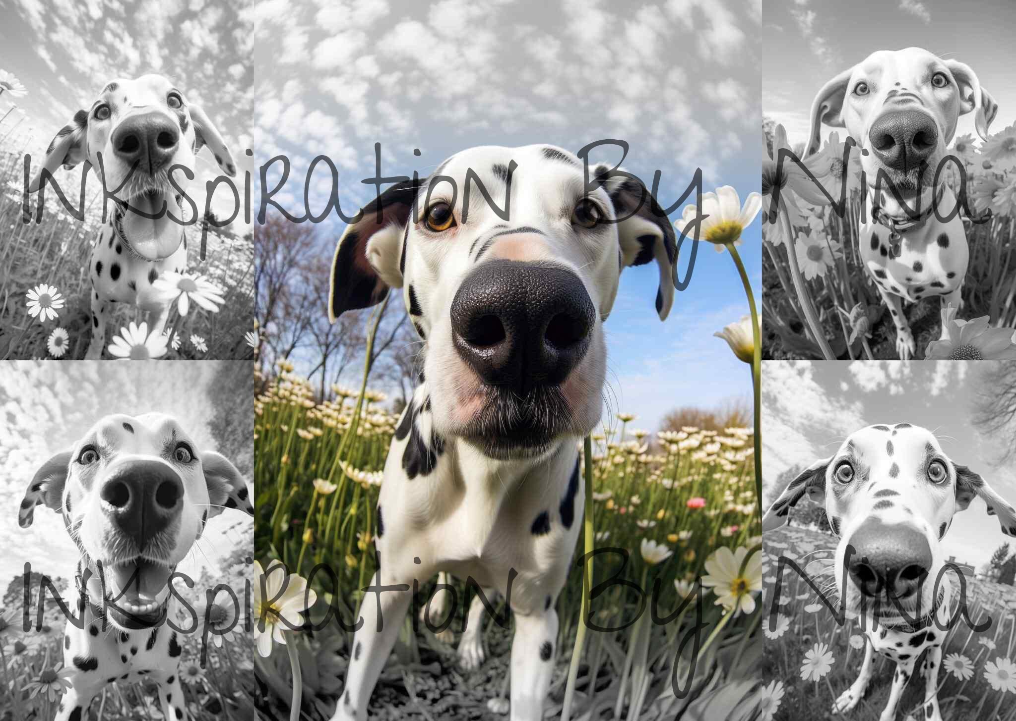 Dalmatian in Flower Field Coloring Book, 21 Detail Greyscale Adult ...