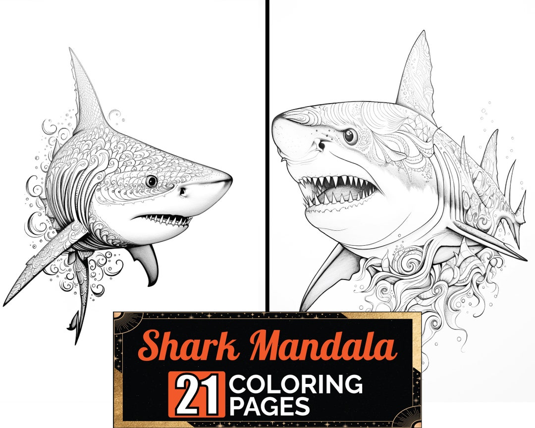 Shark Mandala Coloring Book, 21 Detail Greyscale Adult & Kids Geometric ...