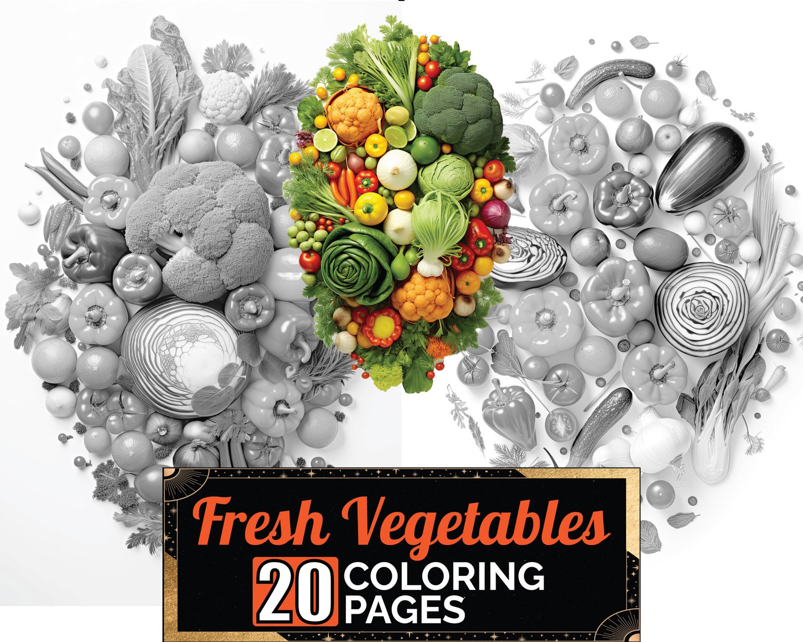 Abundance of Fresh Vegetables Coloring Book, 20 Detailed Greyscale ...